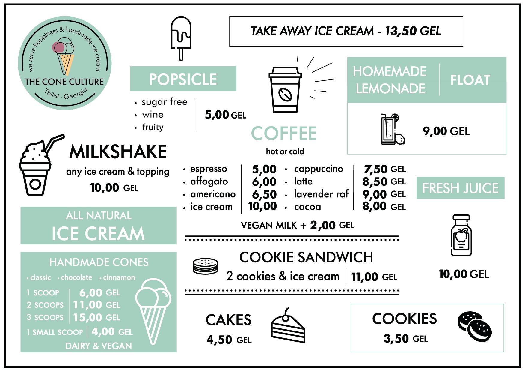 Menu au The Cone Culture Ice Cream café, Tbilissi