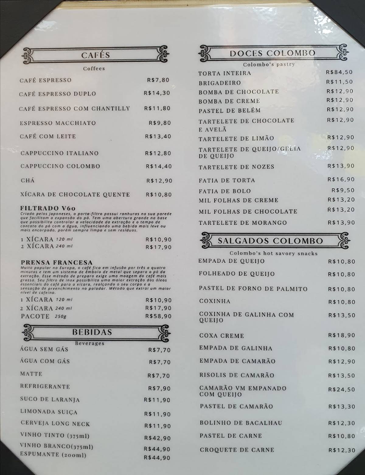 Menu at Confeitaria Colombo restaurant, Rio de Janeiro, R. Visc. de Pirajá