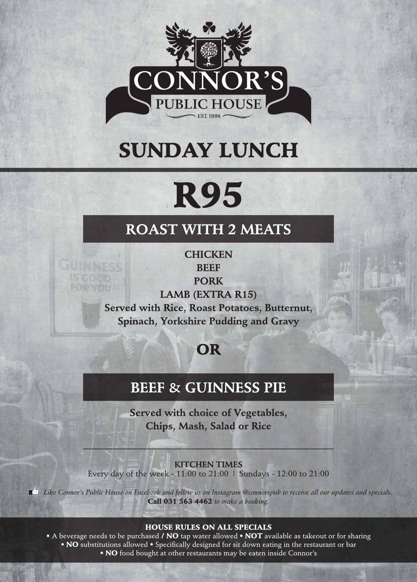 Menu at Connors Public House, Durban, 46 Ashley Avenue First Floor ...