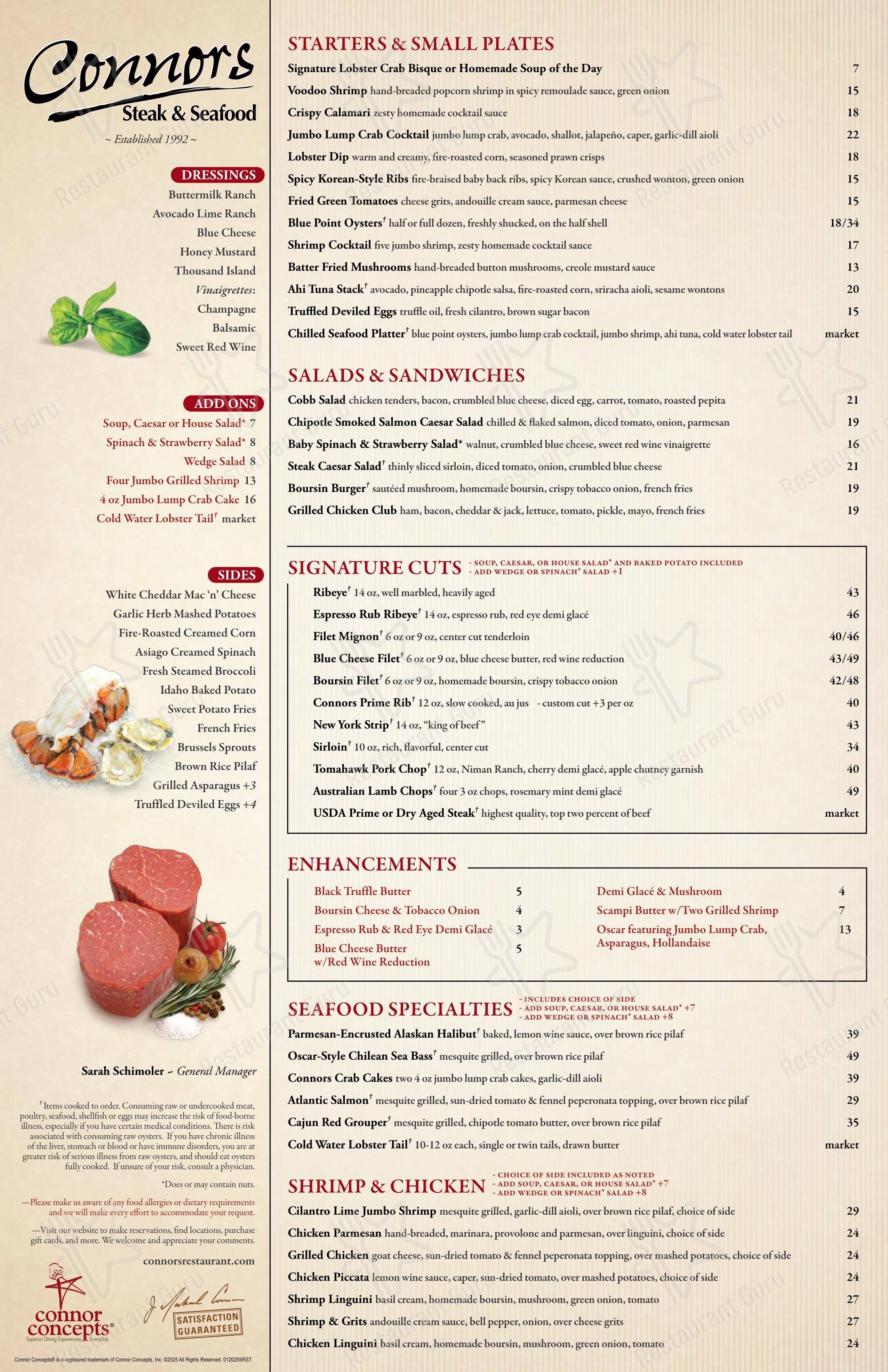 Menu at Connors Steak & Seafood steakhouse, Sarasota