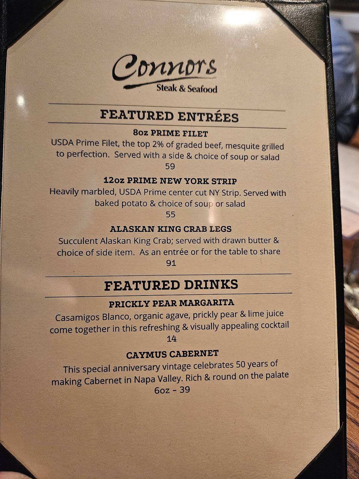 Menu at Connors Steak & Seafood steakhouse, Sarasota