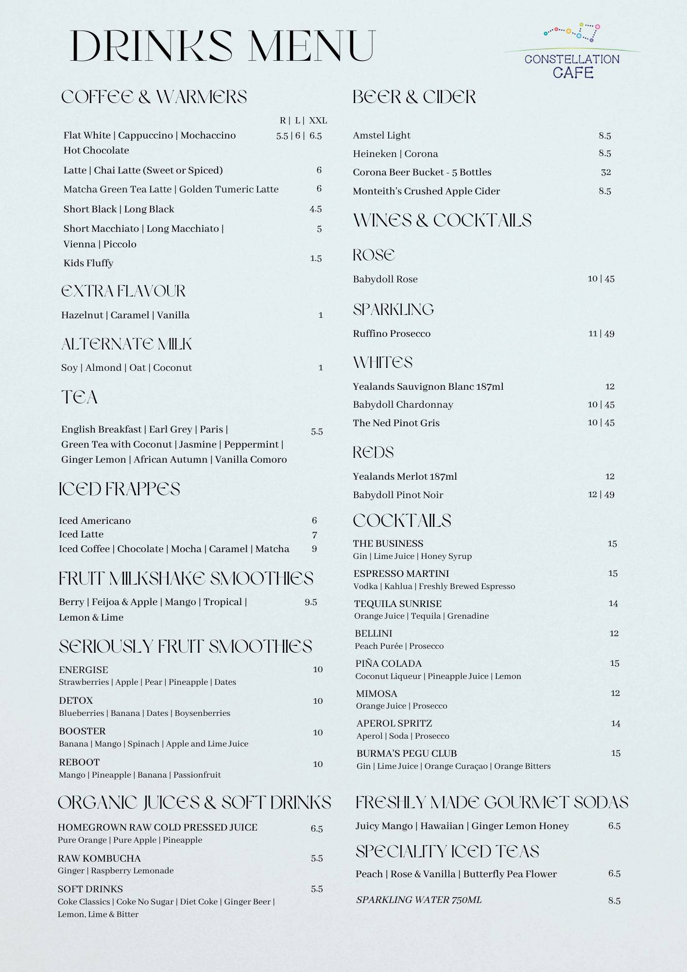 Menu at Constellation Cafe, Auckland