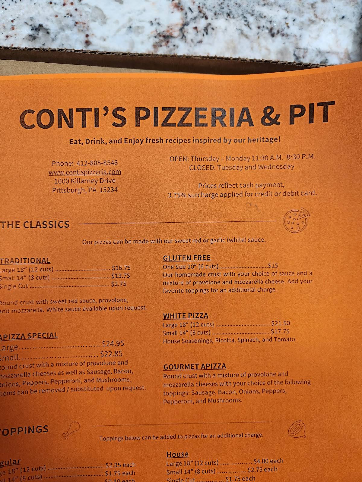 Menu at Conti’s Pizzeria & Pit, Pittsburgh