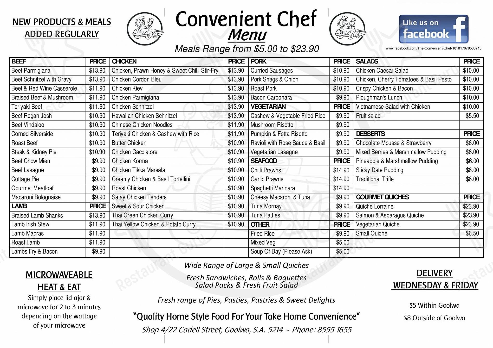 Menu at Convenient Chef restaurant, Goolwa