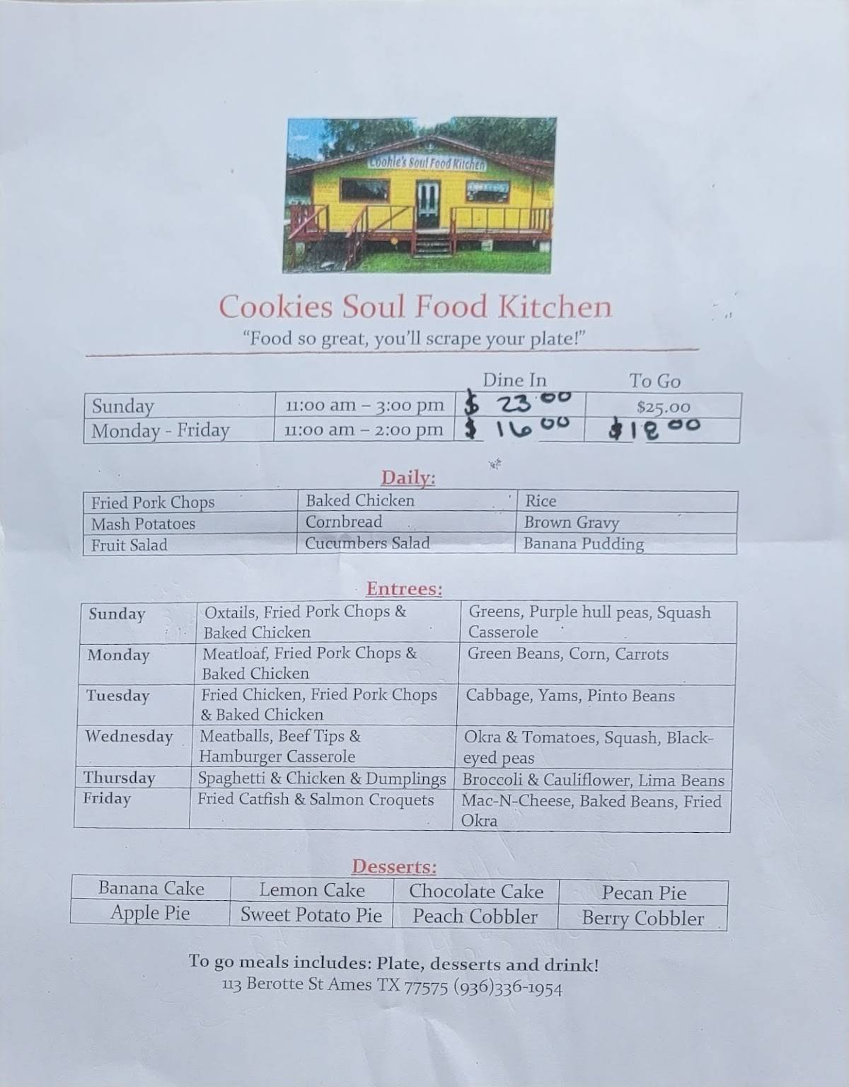 Menu at Cookie's Soul Food Kitchen restaurant, Liberty