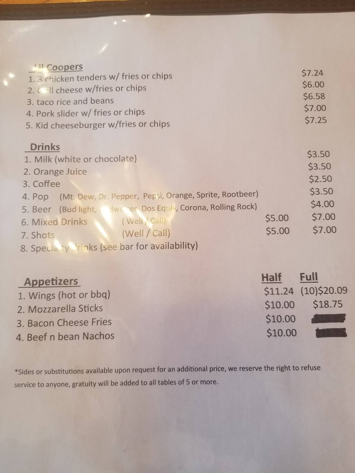 Menu at Coopers Bar and Grill, Creede, 981 La Garita St