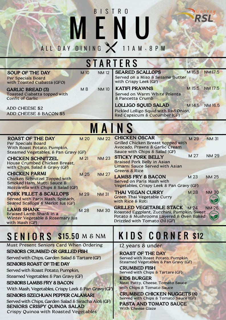 Menu at Cooroy RSL club, Cooroy