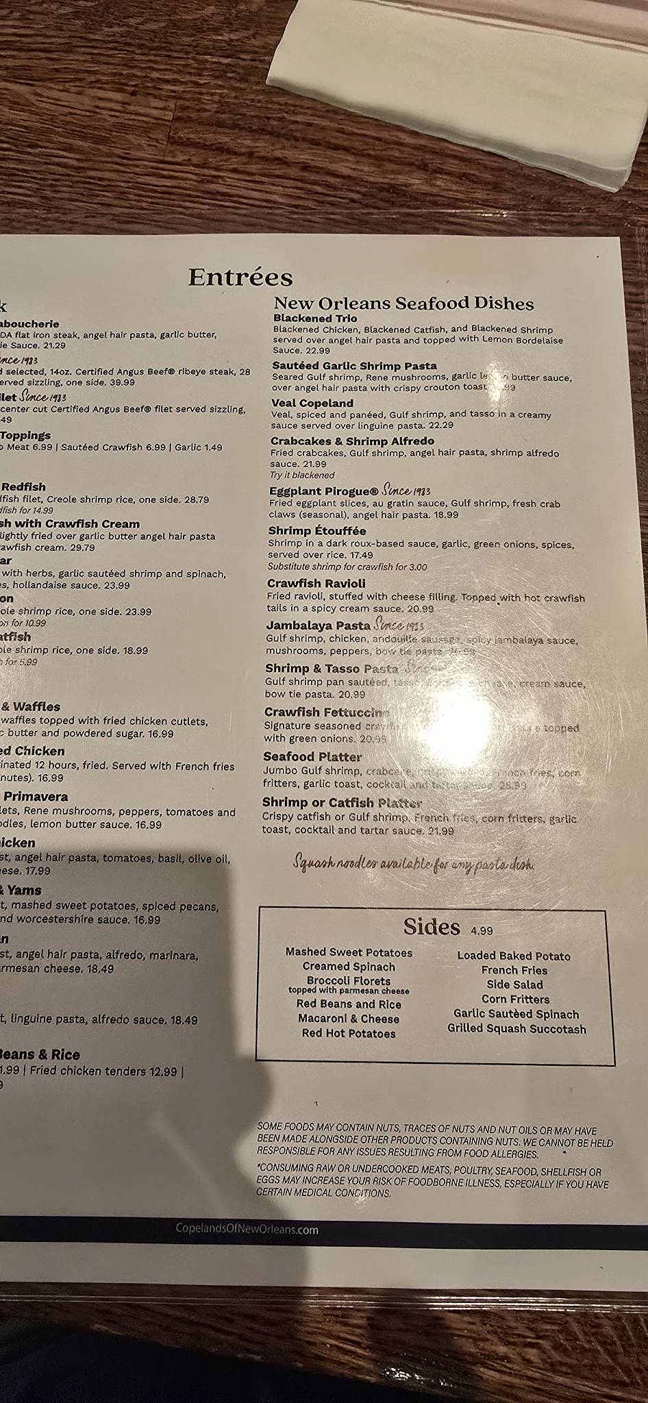 Menu at Copeland's of New Orleans restaurant, Harvey, Manhattan Blvd