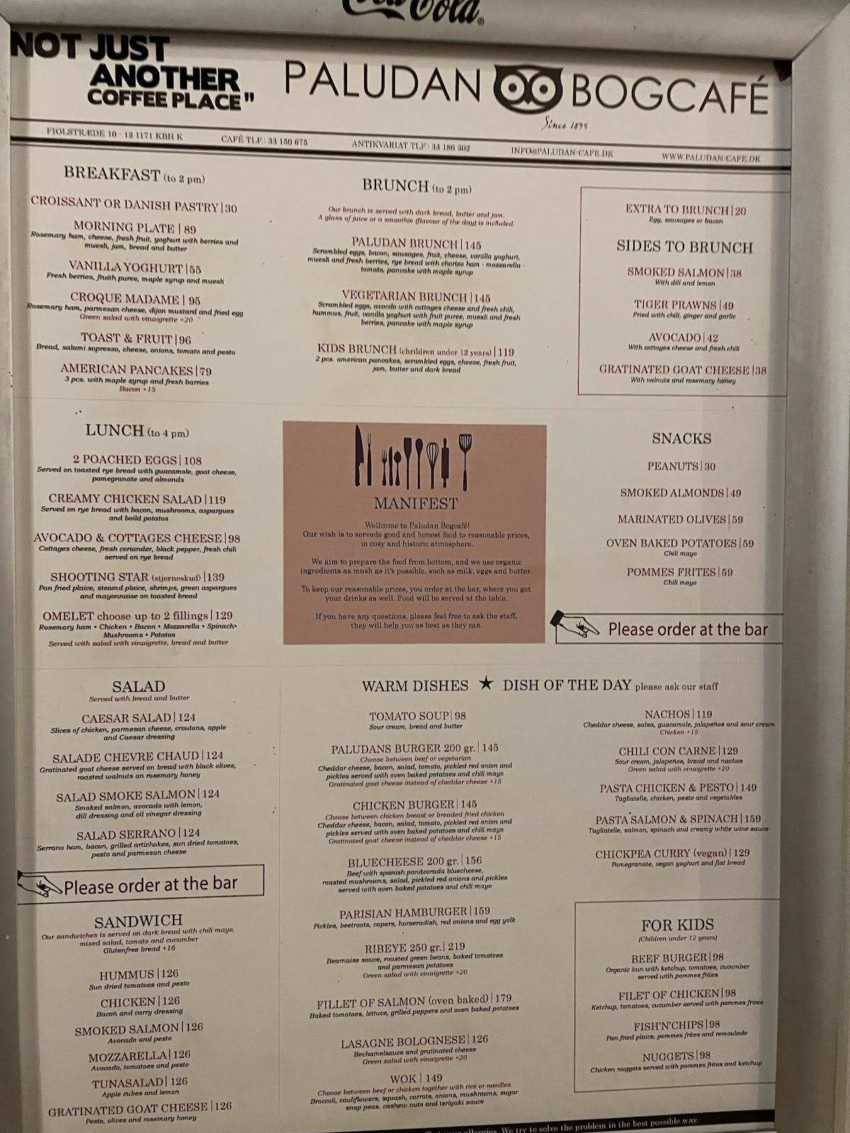 Menu at Paludan Bog & Café cafe, Copenhagen