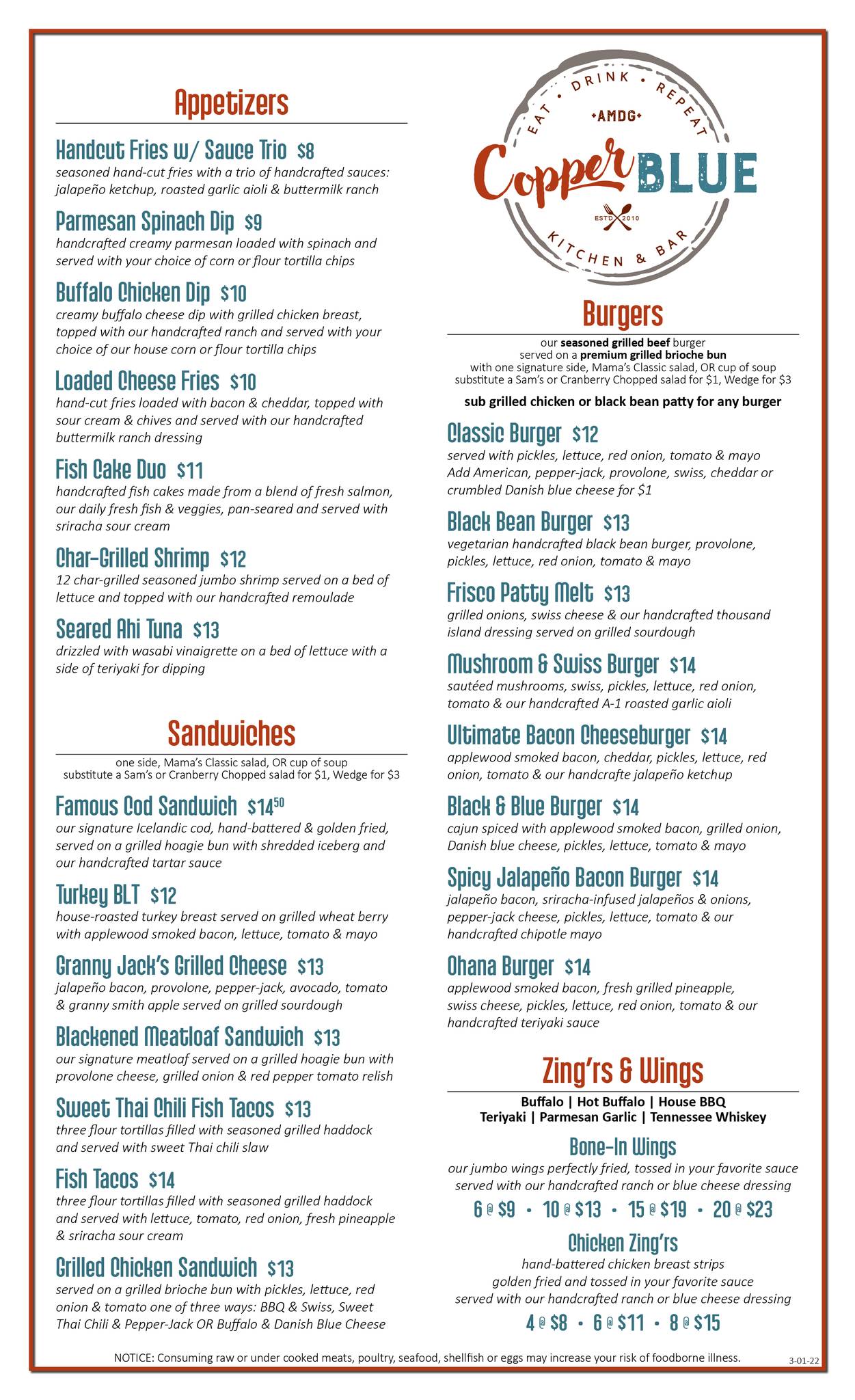 Menu at Copper Blue restaurant, Milford