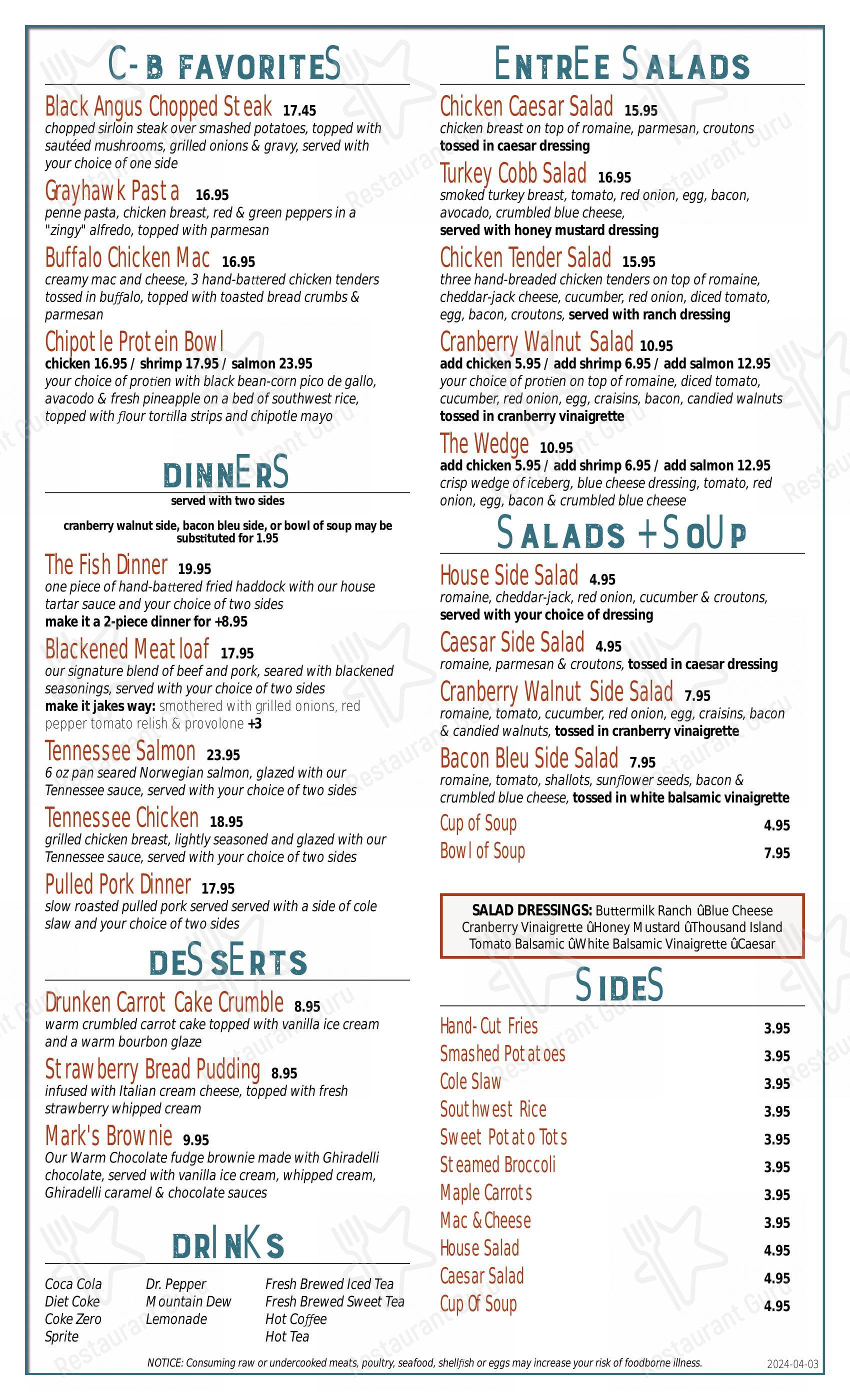 Menu at Copper Blue restaurant, Milford