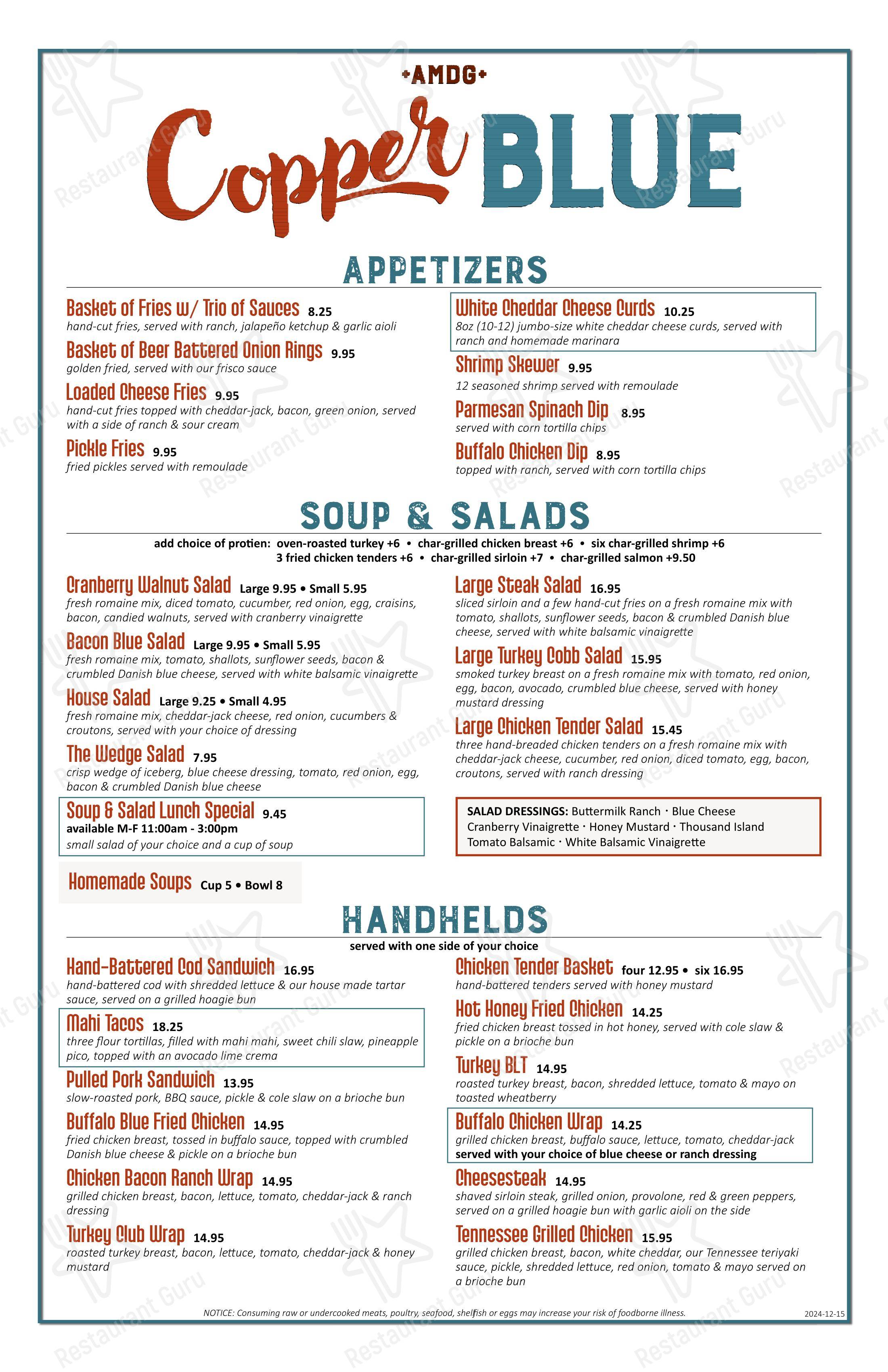 Menu at Copper Blue restaurant, Milford