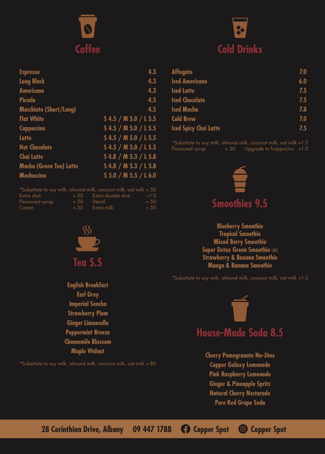 Menu at Copper Spot Cafe & Eatery, Auckland