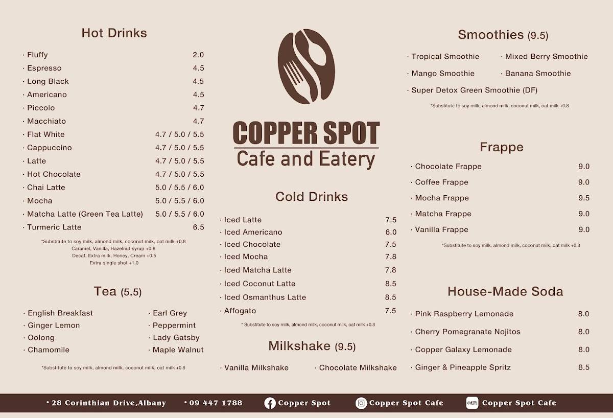 Menu at Copper Spot Cafe & Eatery, Auckland