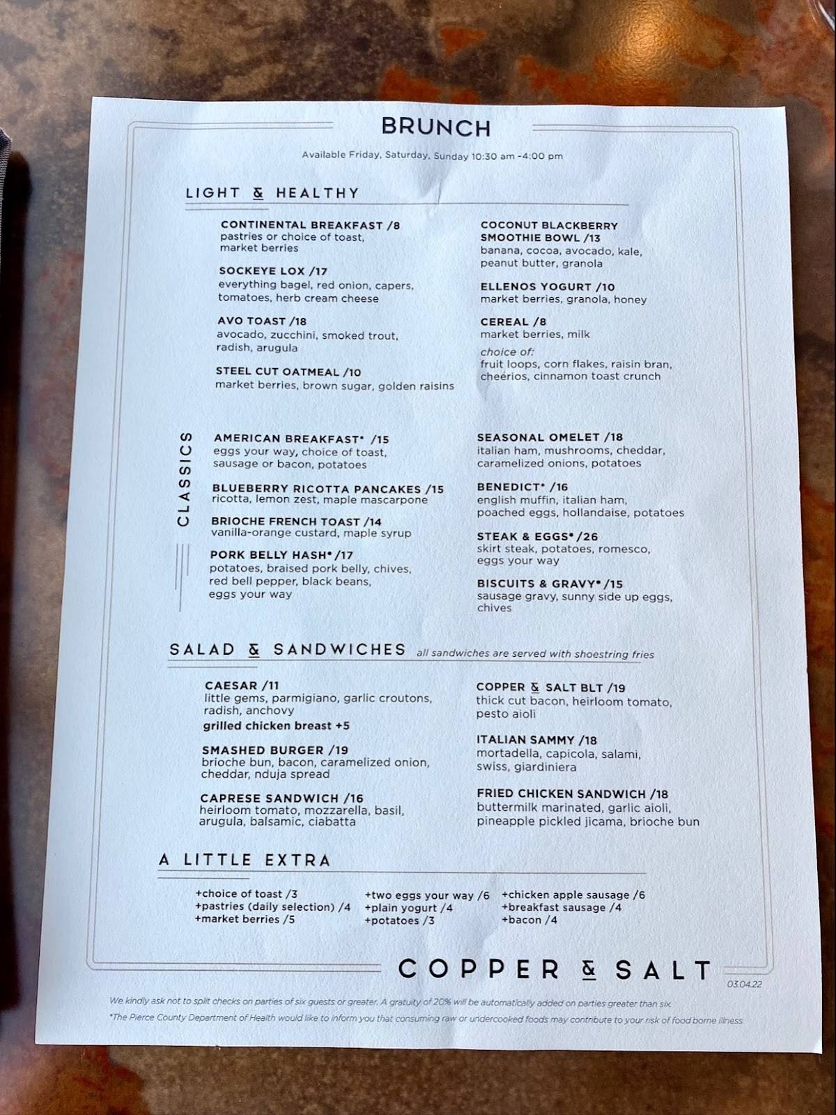 Menu at Copper & Salt Northwest Kitchen pub & bar, Ruston