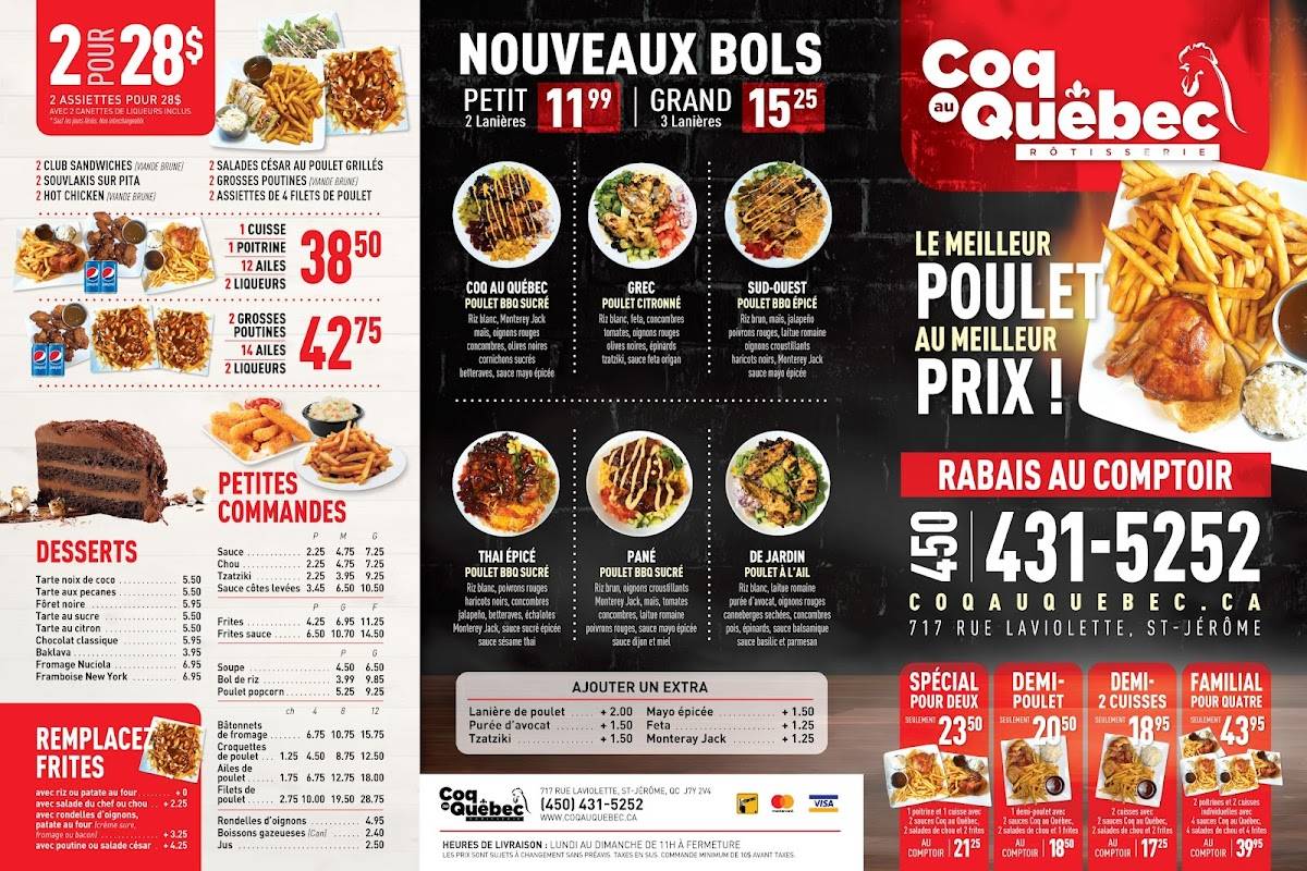 Menu au Coq au Quebec restaurant, Saint-Jérôme