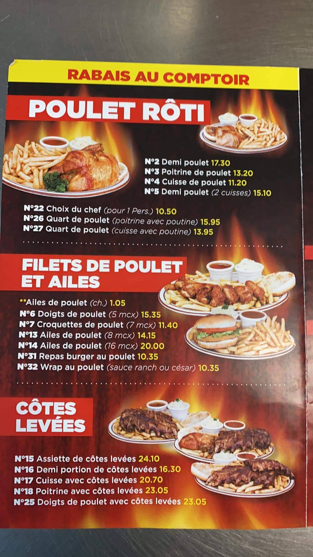 Menu at Coq au Quebec restaurant, Saint-Jérôme
