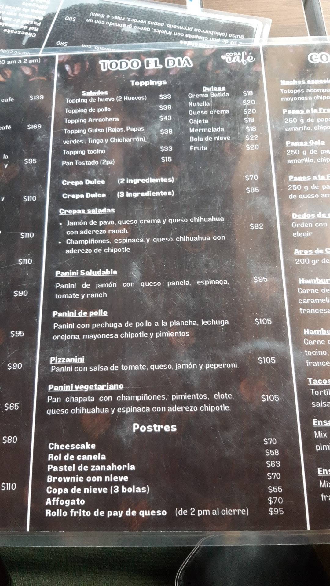 Menu at Cora Café, Torreón