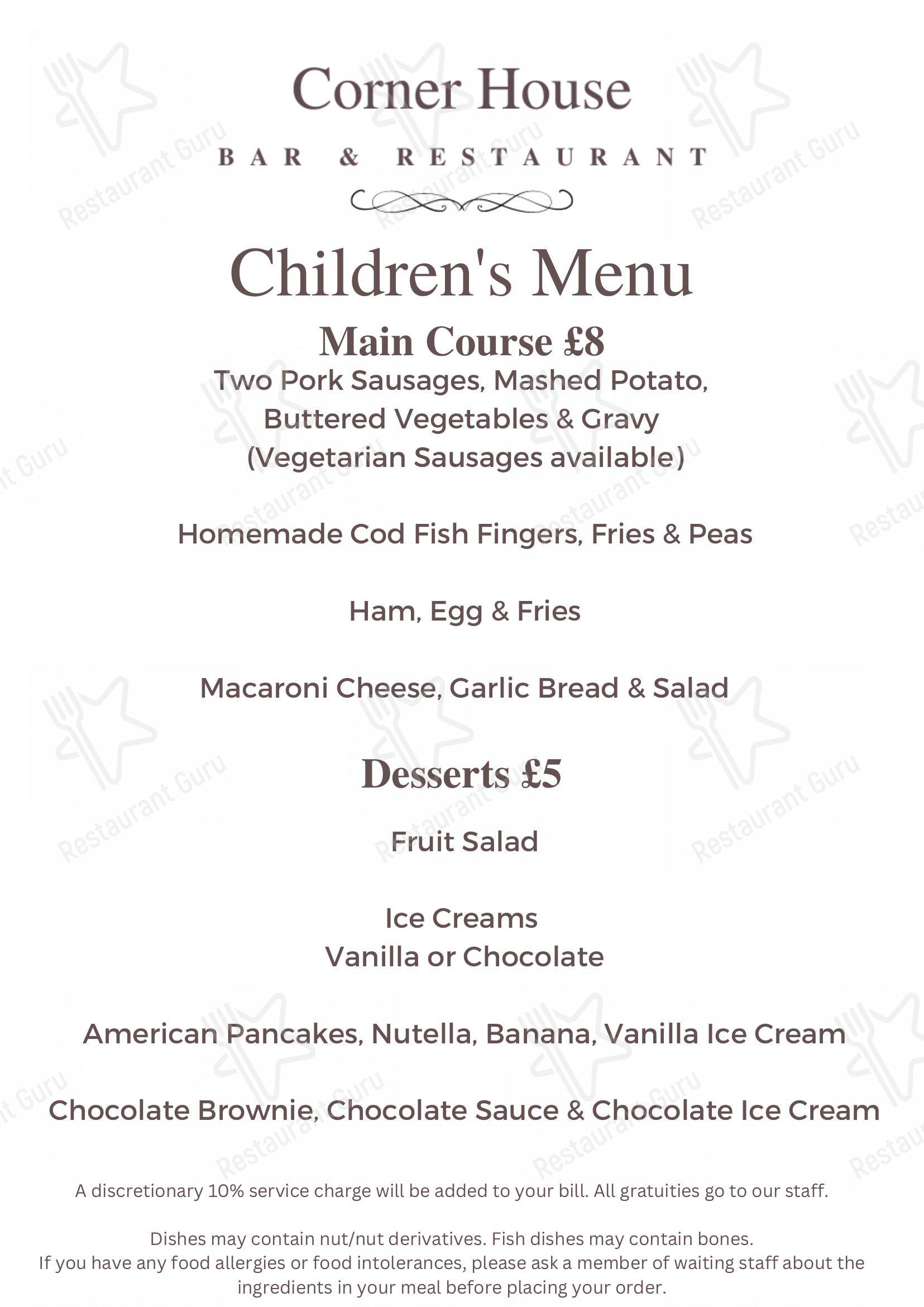 Menu at The Corner House Hotel restaurant, Taunton