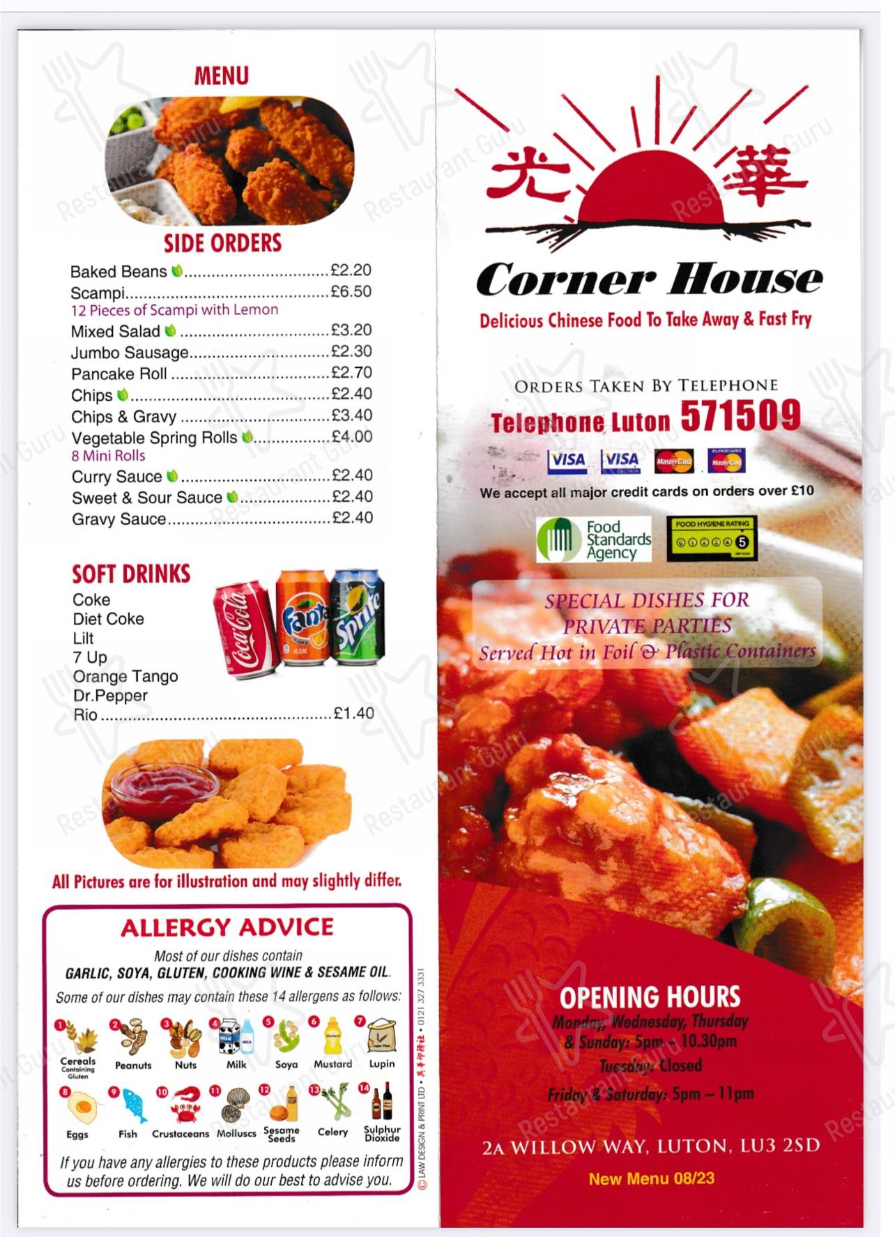 Menu at Corner House fast food, Luton