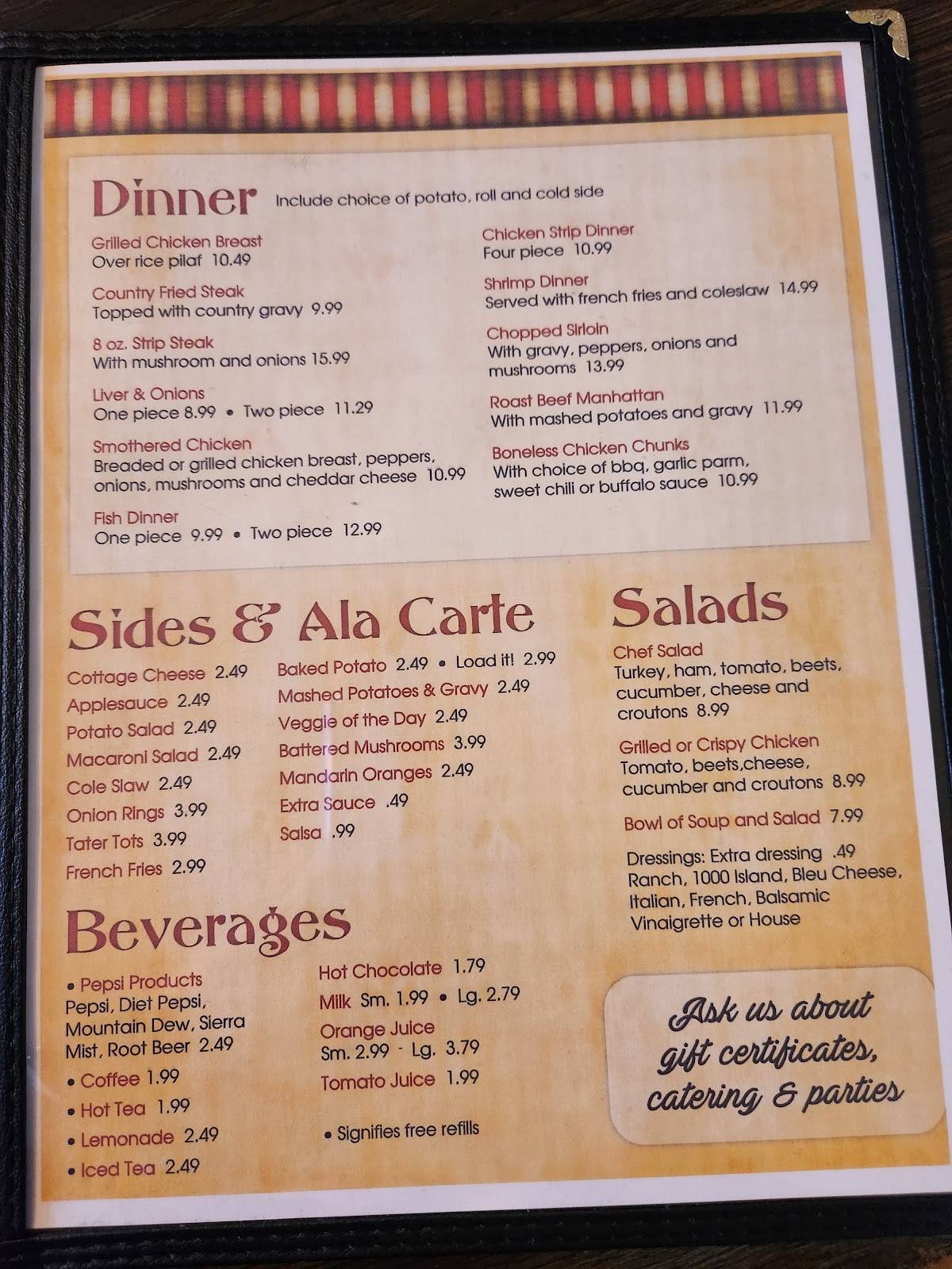 Menu at Corner Inn restaurant, Upper Sandusky