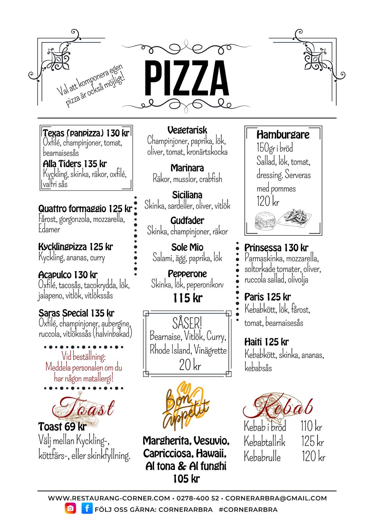 Carta de Corner Restaurang & Pizzeria, Arbrå