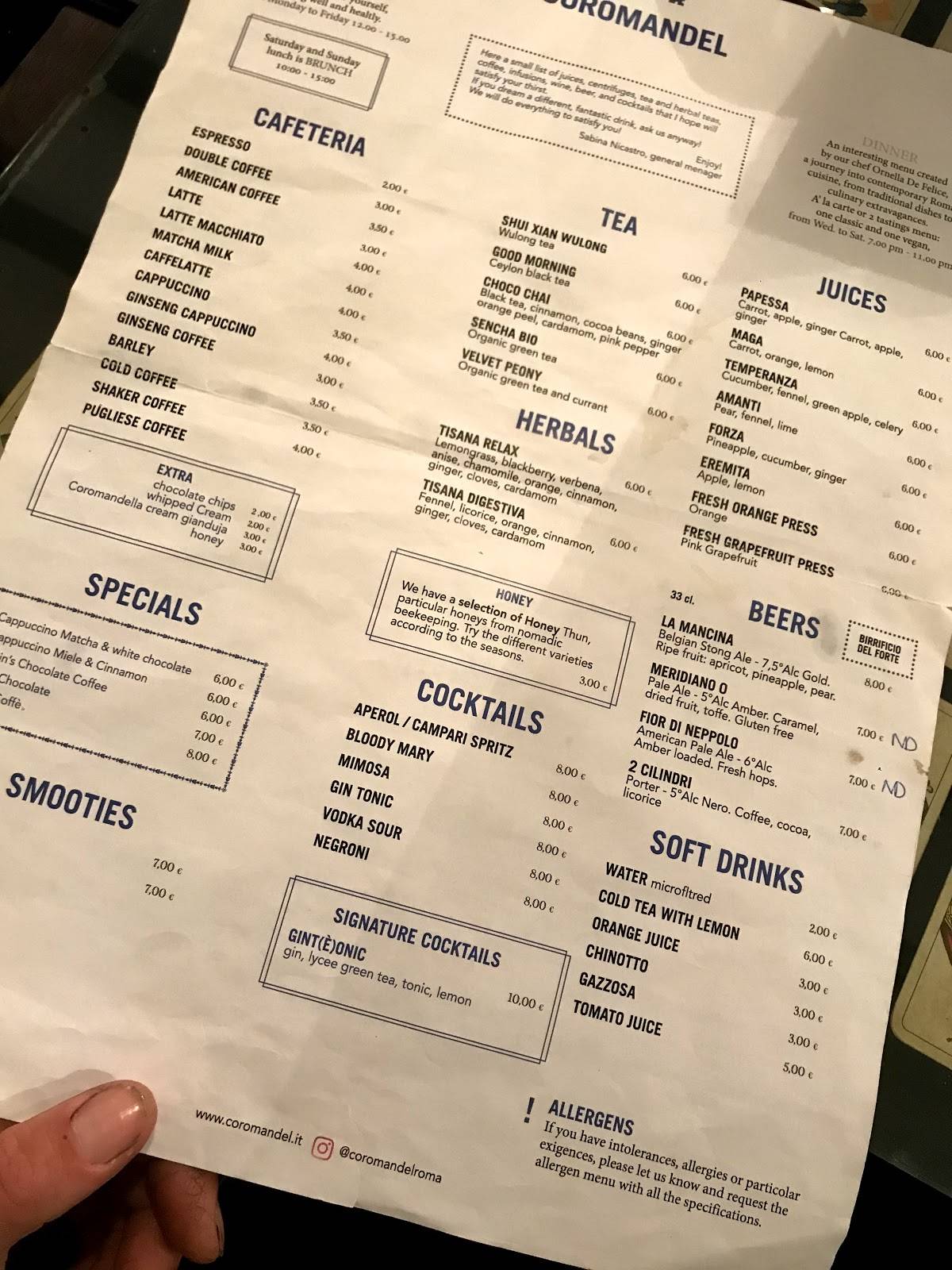 Menu at Coromandel restaurant, Rome