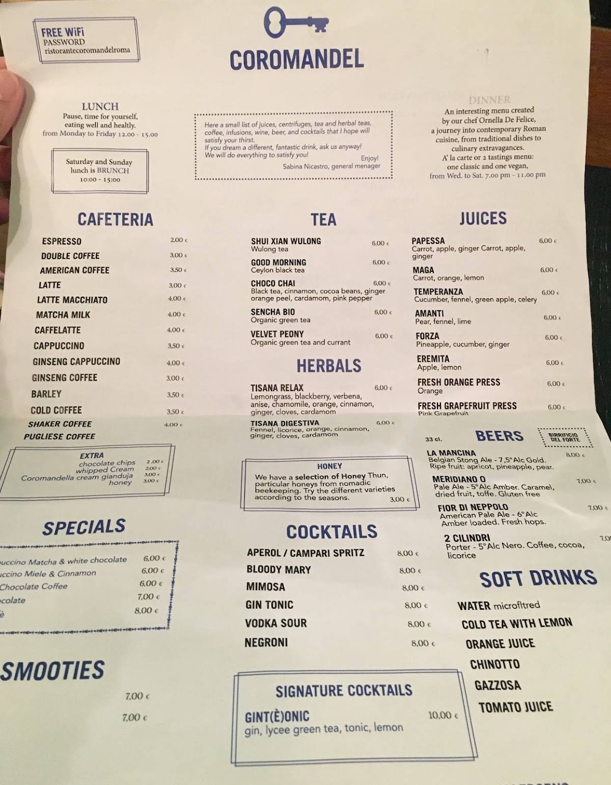 Menu at Coromandel restaurant, Rome
