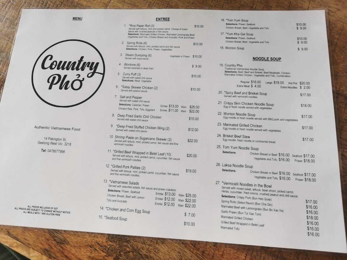 Menu at Country Pho restaurant, Geelong West