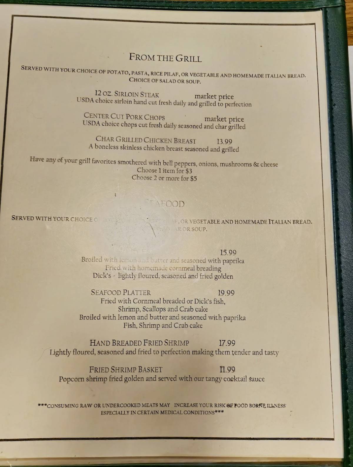 Menu at Covered Bridge Inn restaurant, Newton Falls