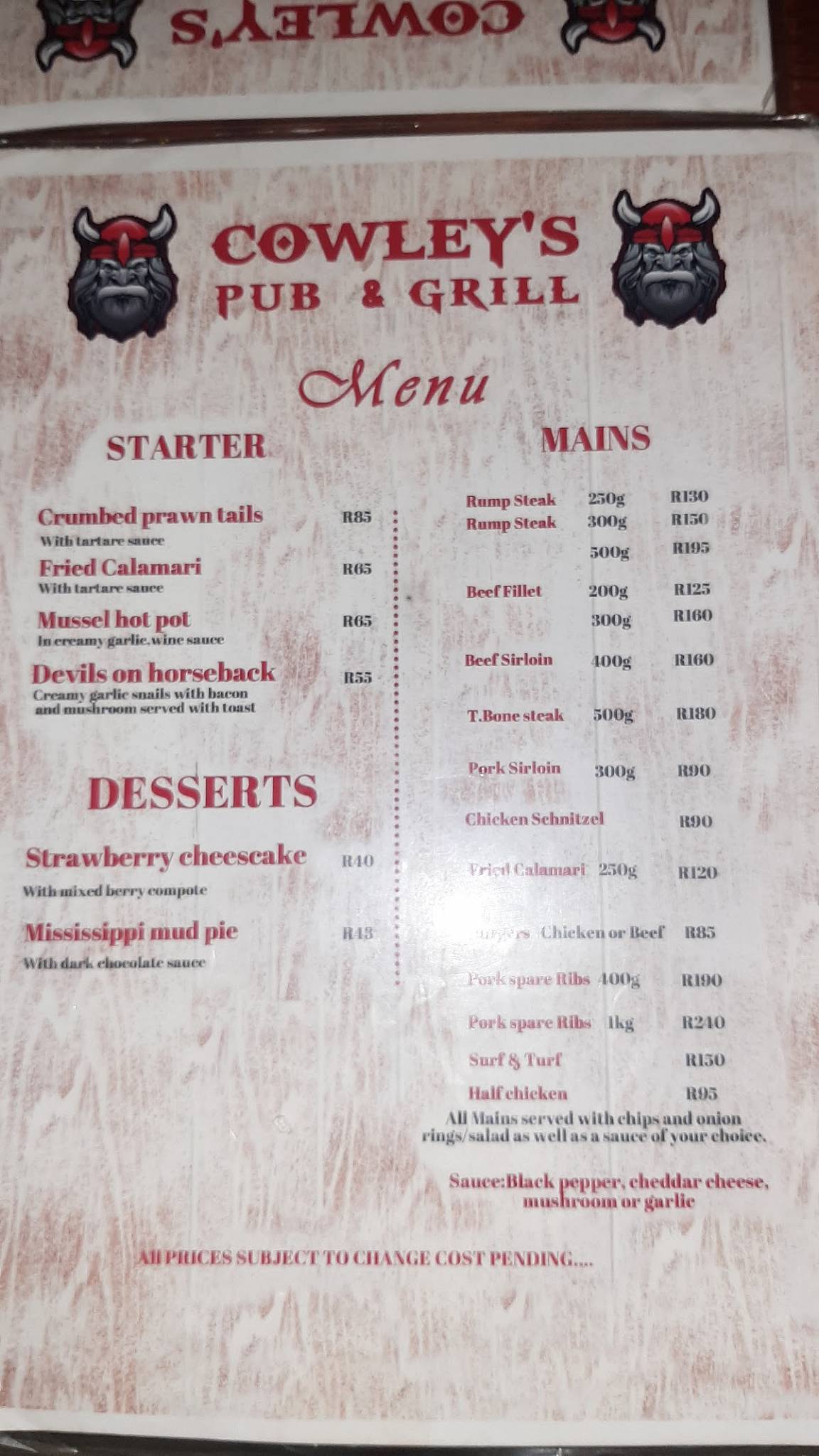 Menu at Cowley's Pub and Grill, South Africa
