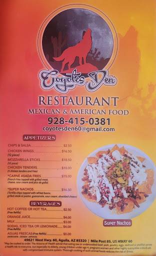 Menu at Coyote Cafe, Aguila