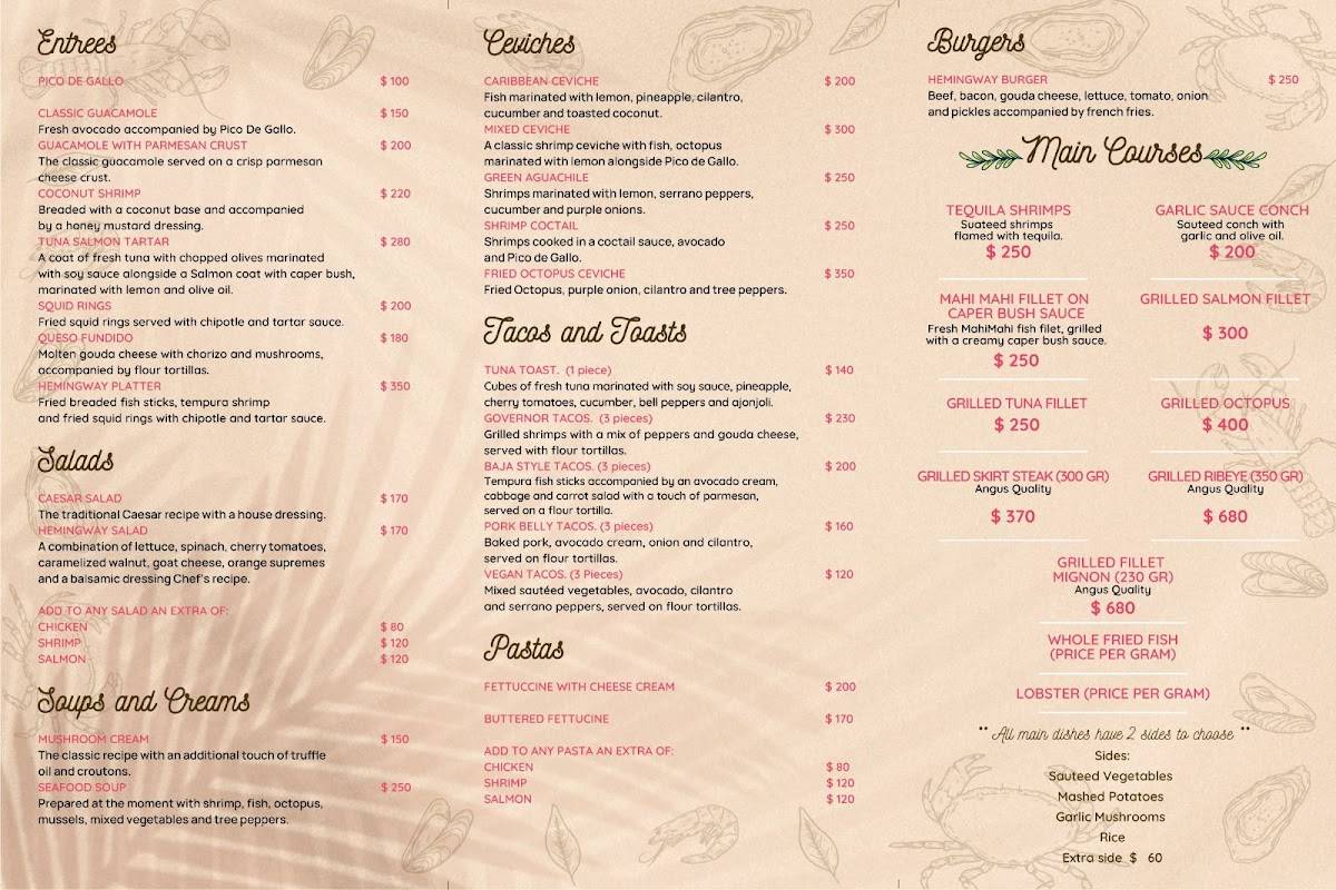 Menu at Hemingway Restaurant Beach & Nightclub Cozumel, San Miguel de ...