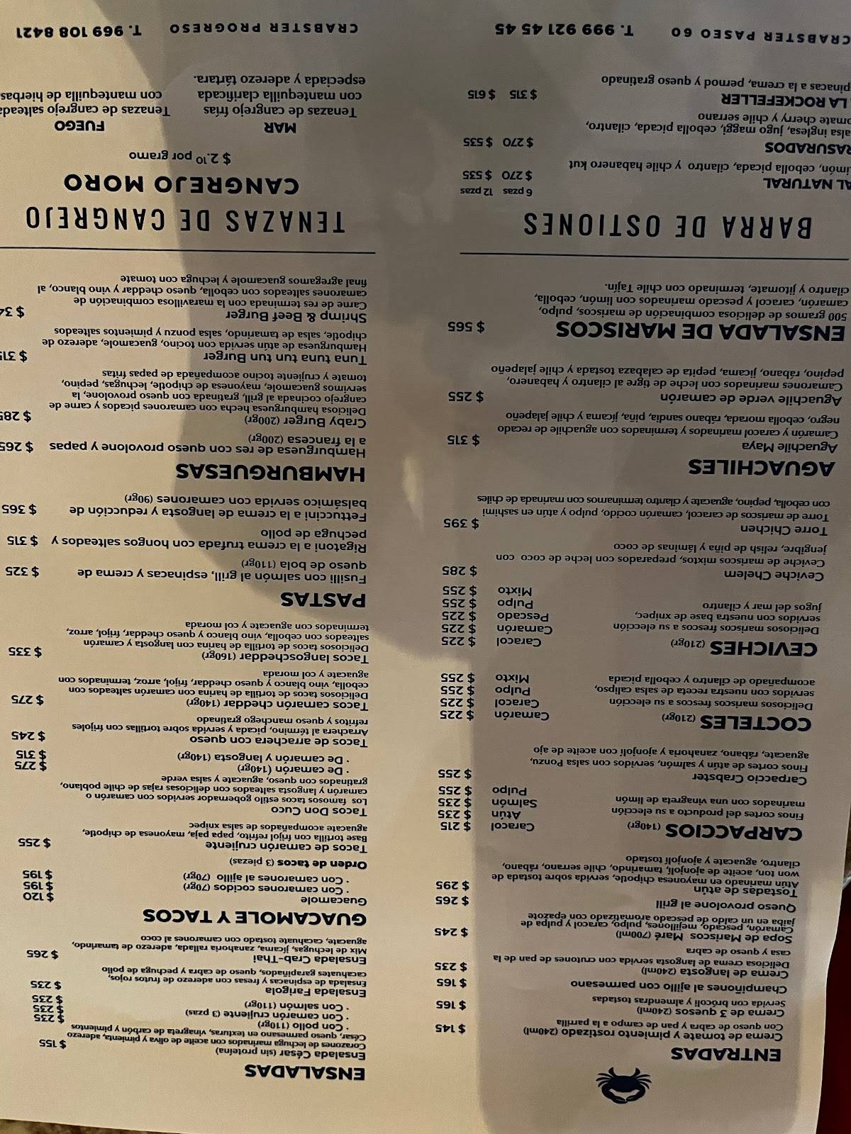 Carta del restaurante Crabster, Merida