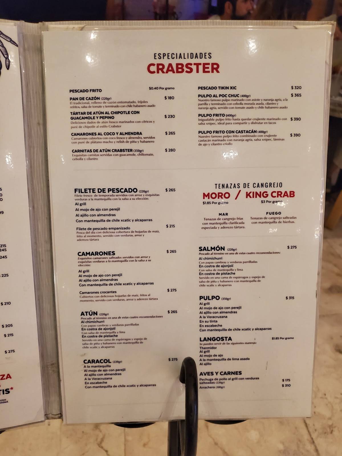 Carta del restaurante Crabster, Merida