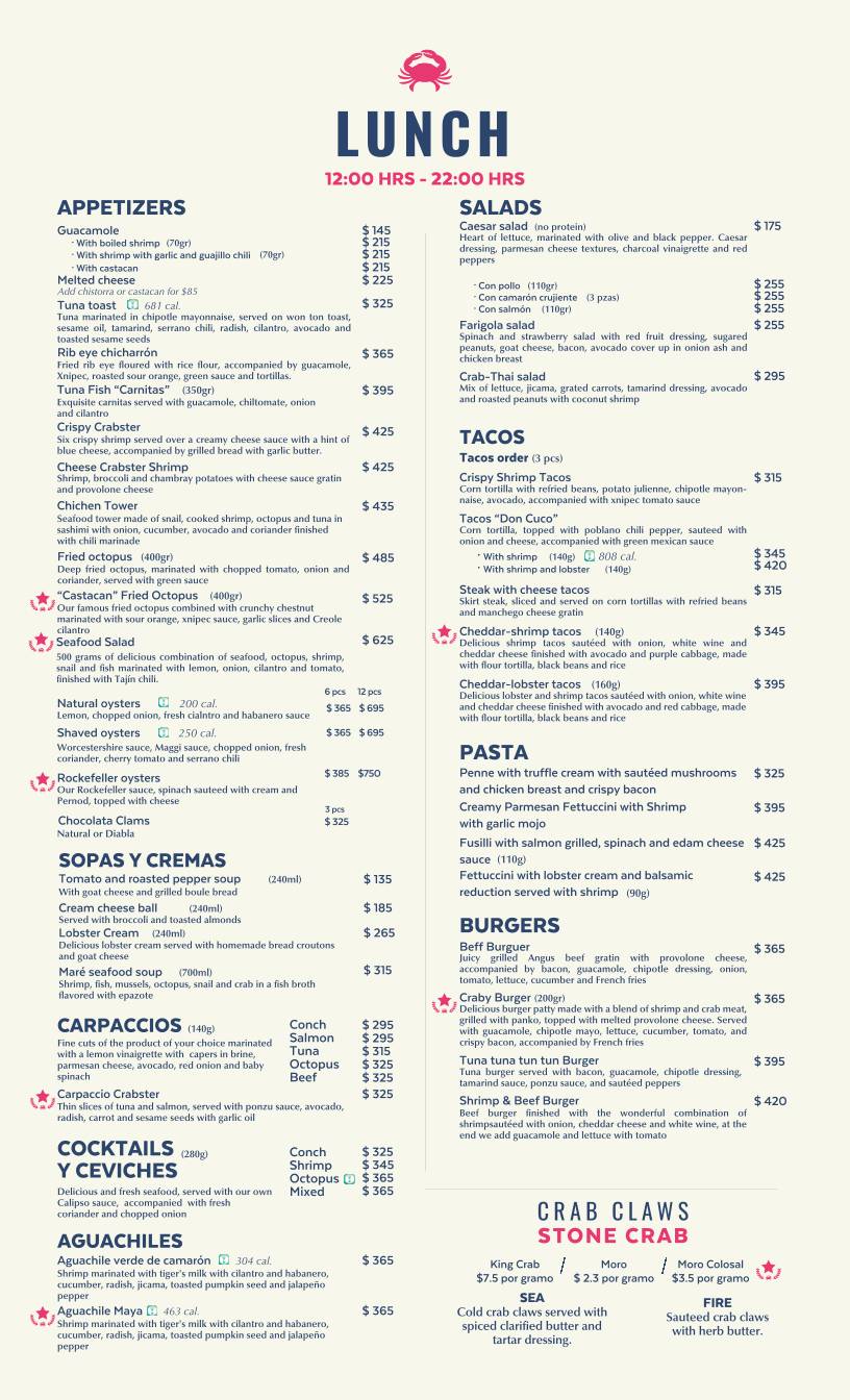 Carta del restaurante Crabster, Merida