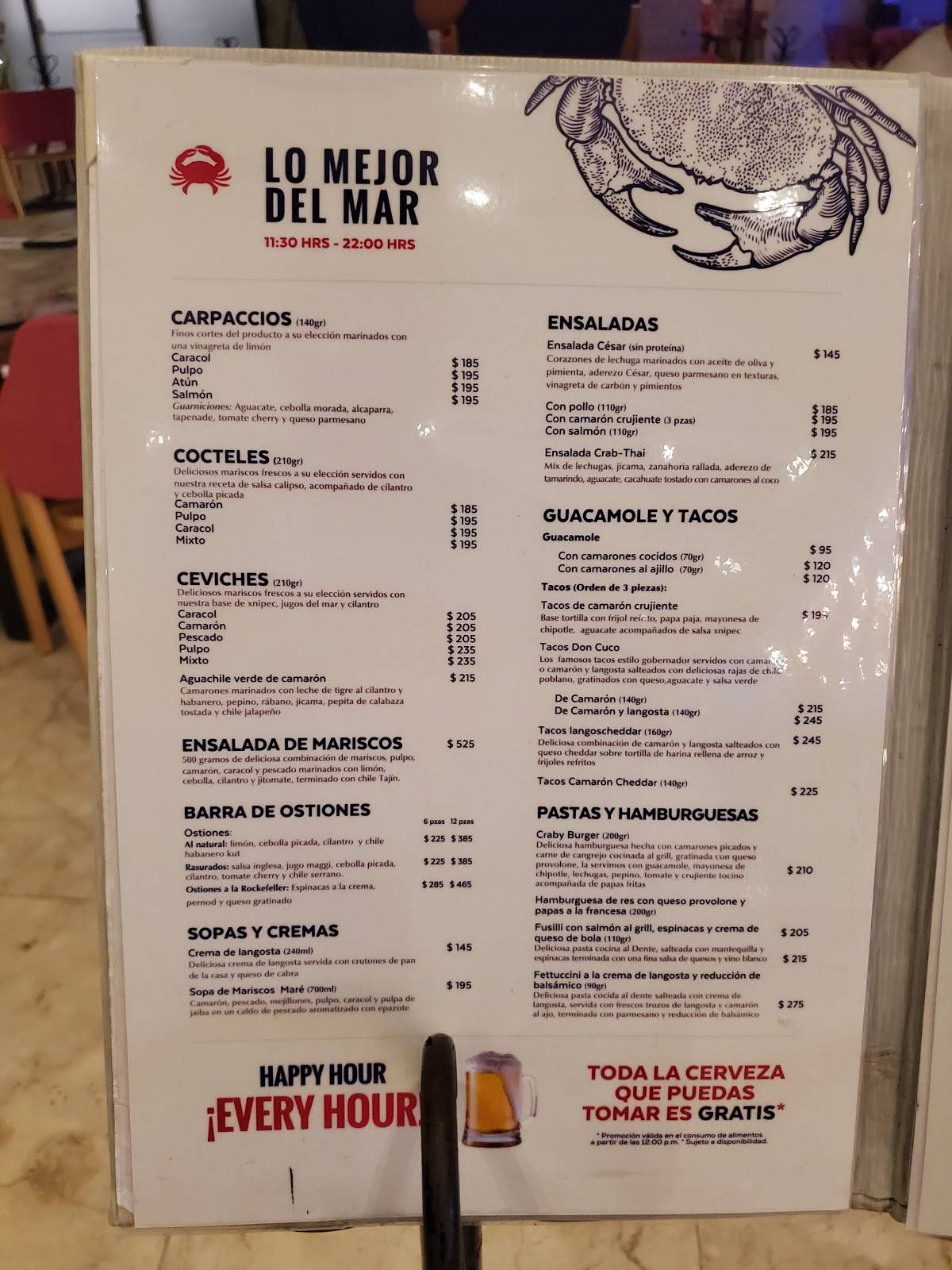 Carta del restaurante Crabster, Merida