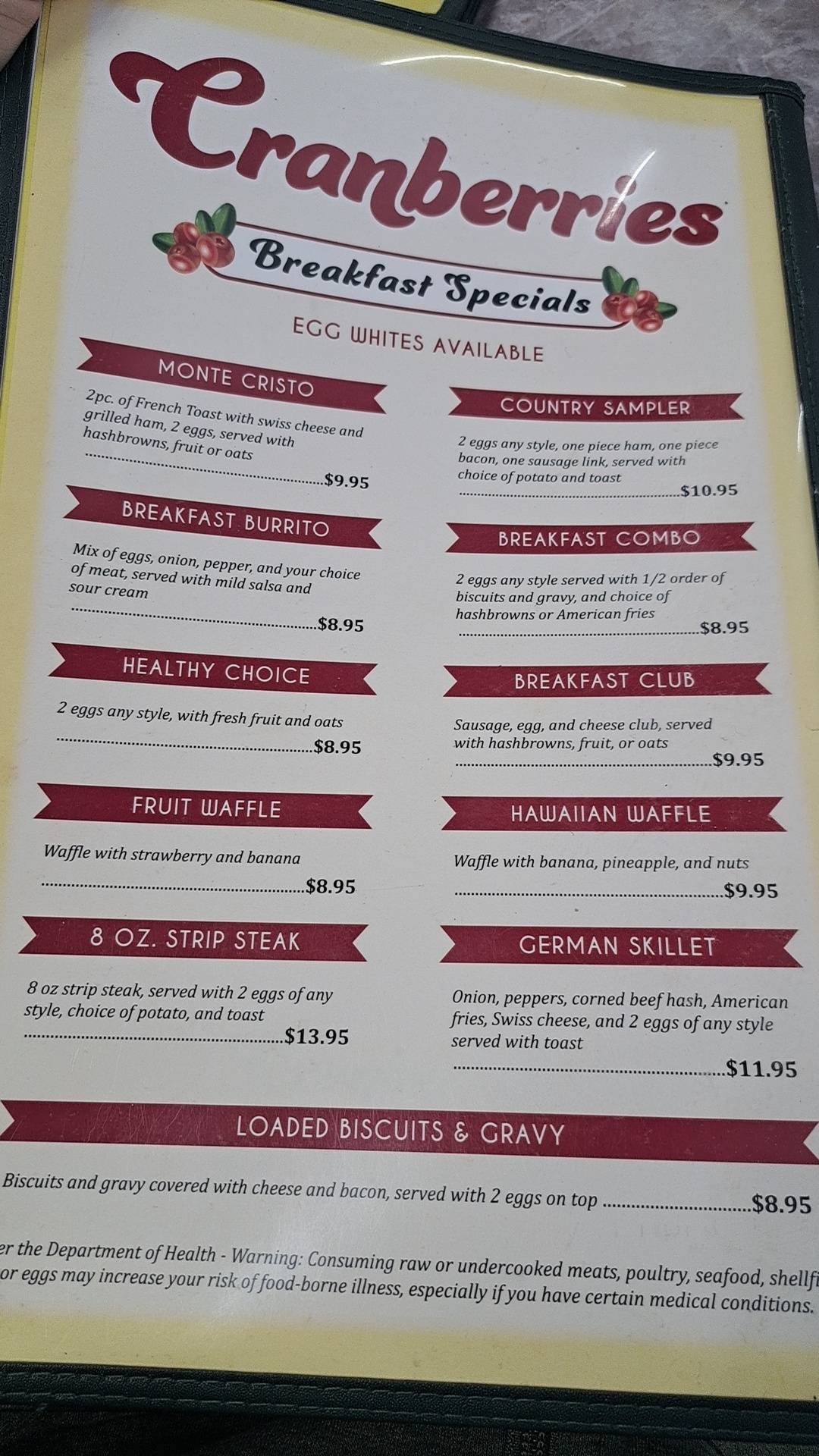Menu at Cranberries restaurant, Jasper