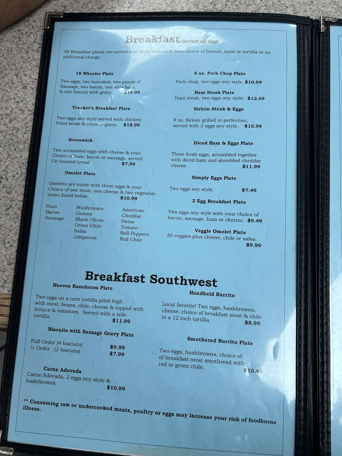 Menu at Crane Cafe, Lemitar