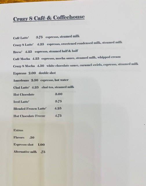 Menu at Crazy 8 Cafe & Coffeehouse, Chickasha