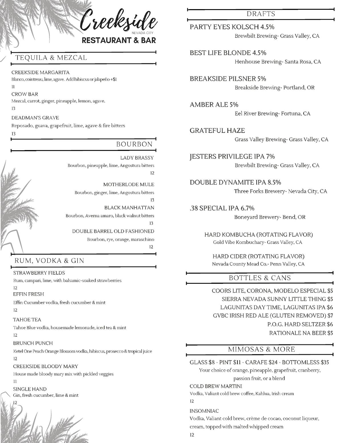 Menu at Creekside Restaurant & Bar, Nevada City