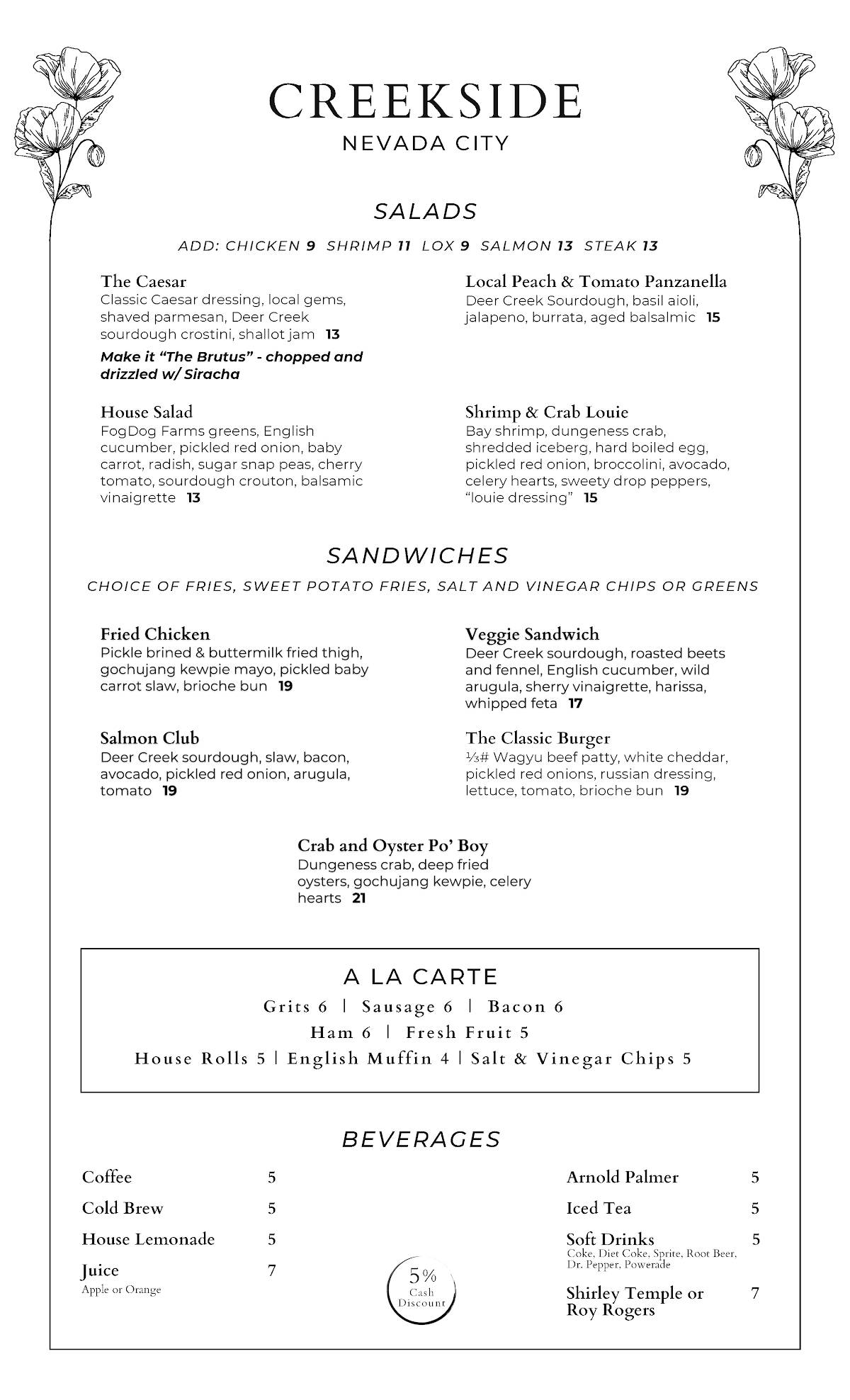Menu at Creekside Restaurant & Bar, Nevada City