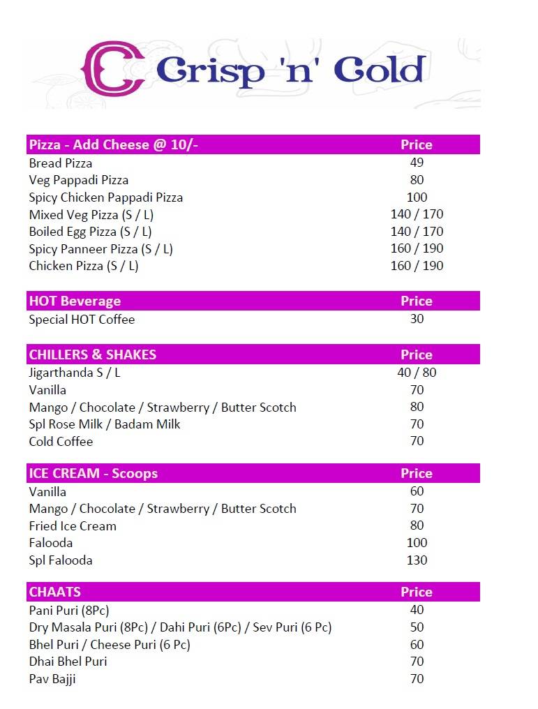 Menu at Crisp n Cold, Chennai