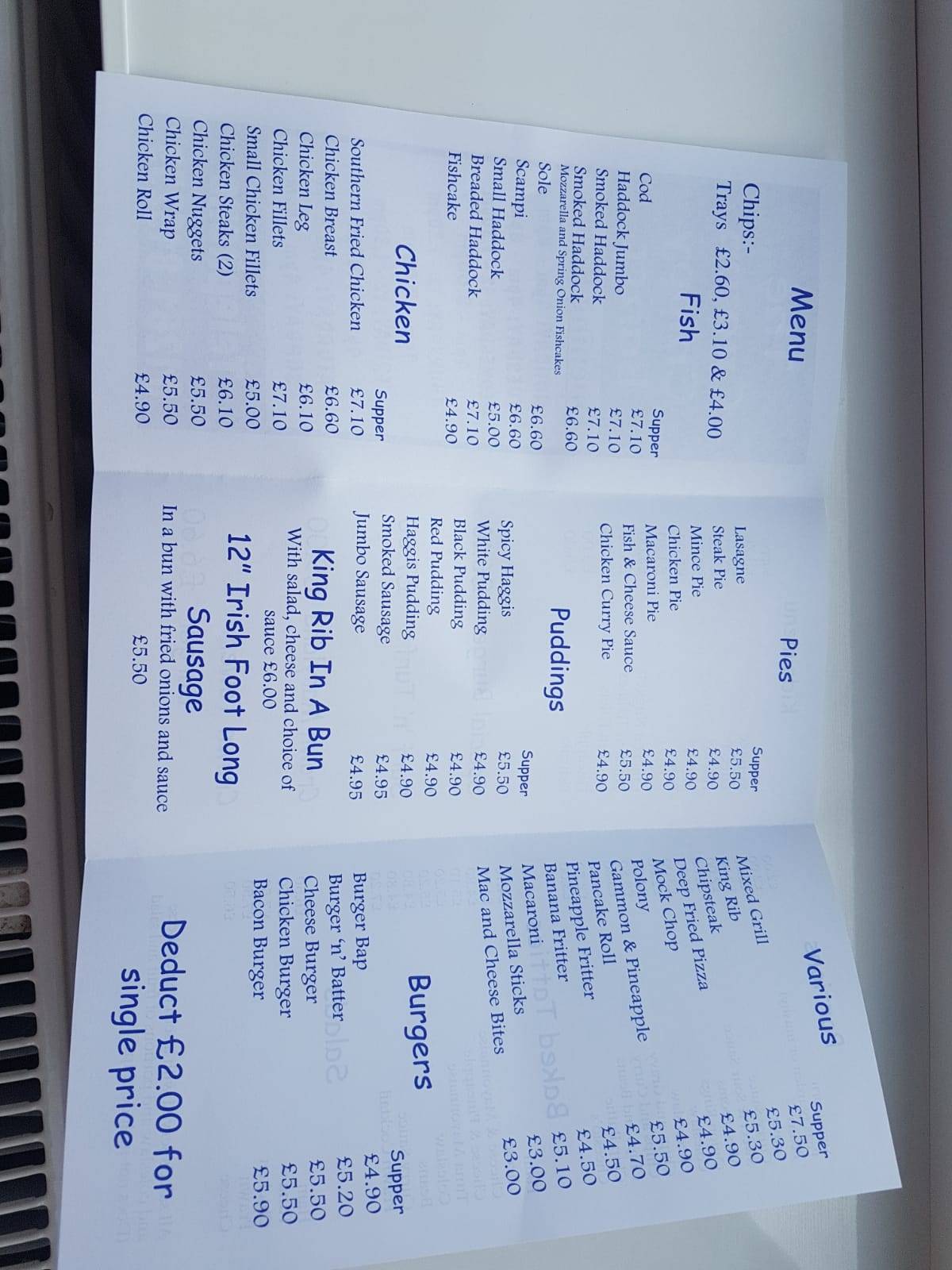 Menu at Crown Chippy fast food, Banff
