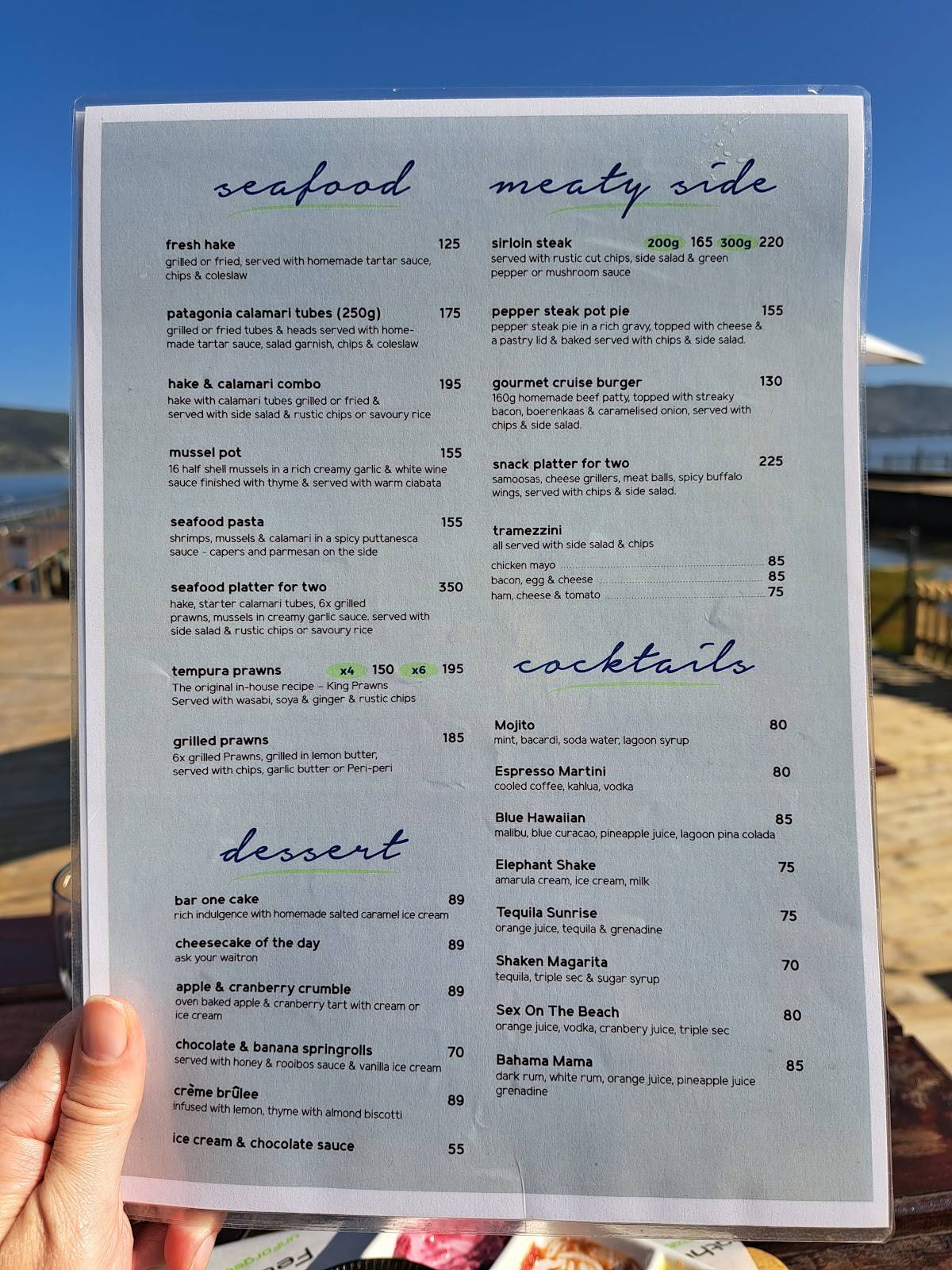 Menu at Cruise Café restaurant, Knysna