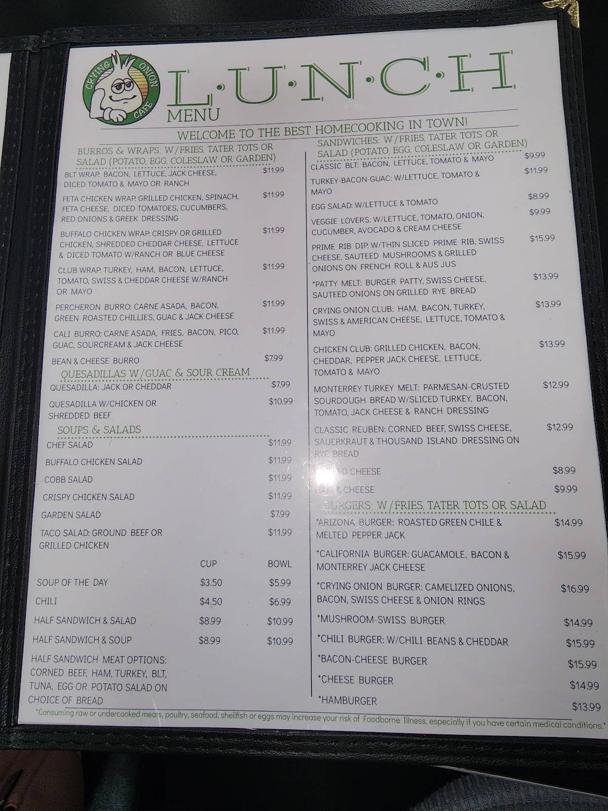 Menu at Crying Onion Cafe, Tucson