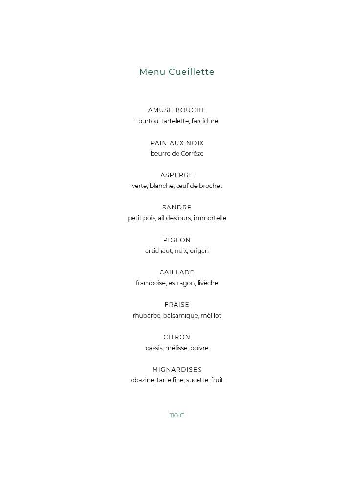 Menu at Cueillette restaurant, Altillac