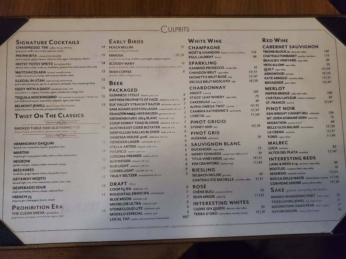 Menu at Culprits pub & bar, Oklahoma City