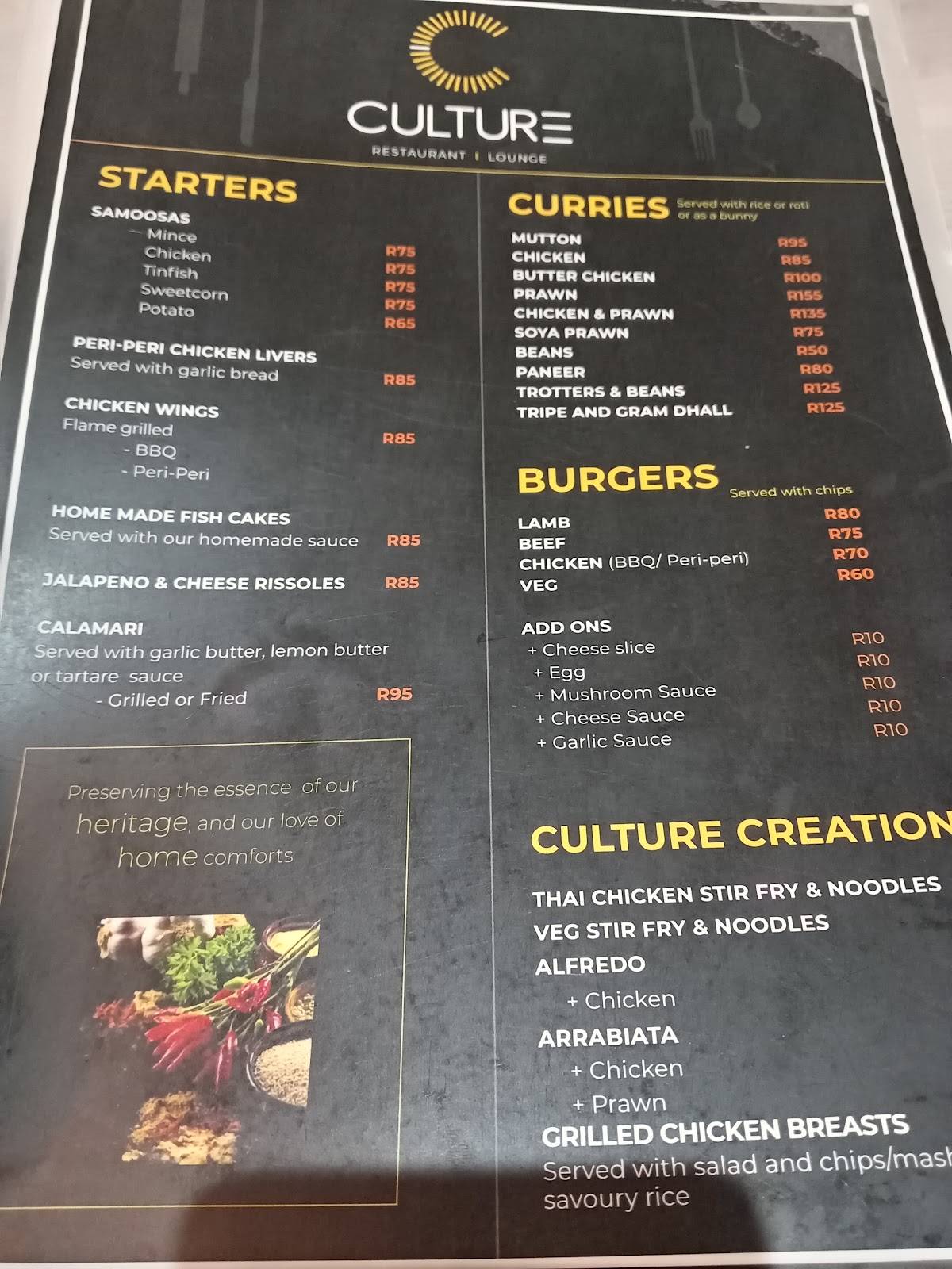 Menu at Culture Restaurant and Lounge, Umhlanga