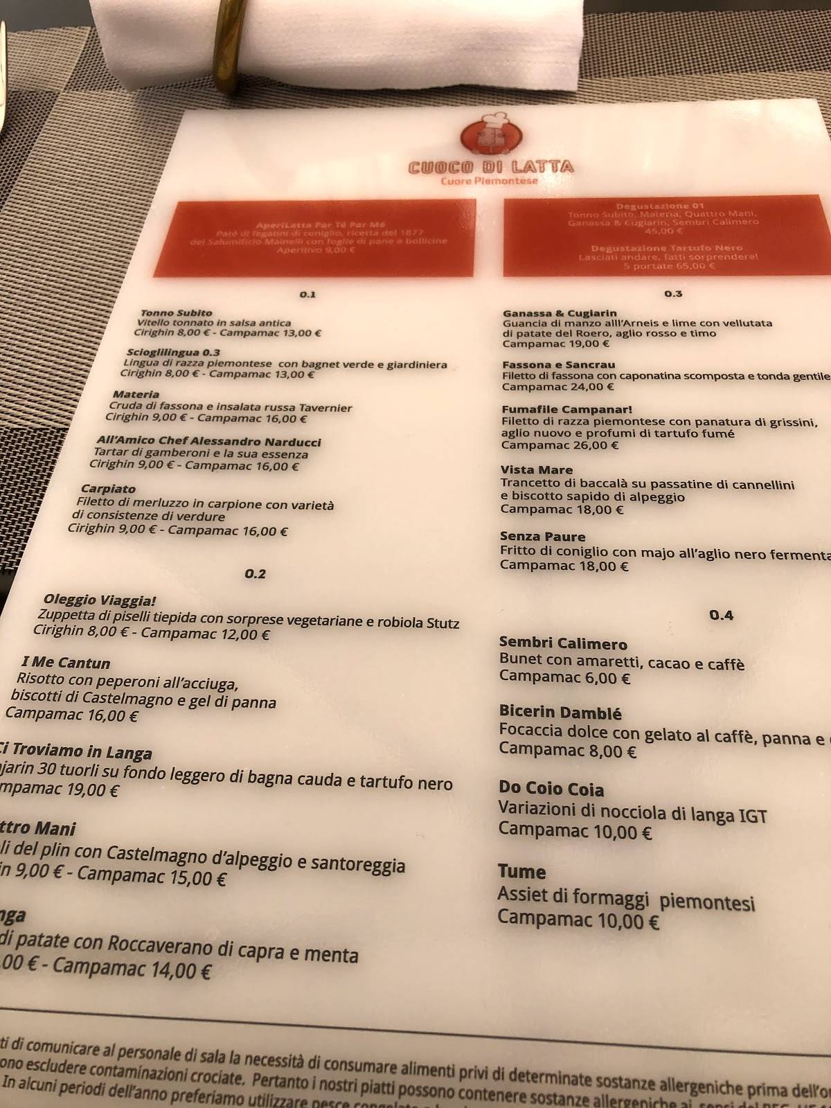 Menu at Cuoco di Latta restaurant, Bologna